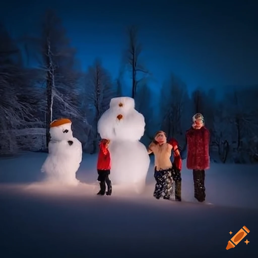 Family building a snowman
