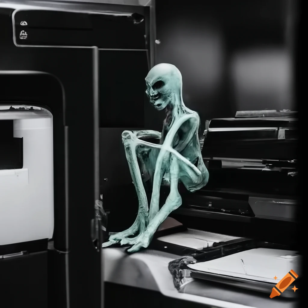 Alien printing photos in an office