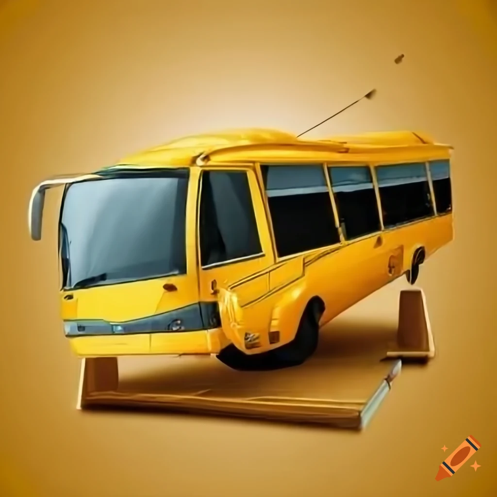 Conceptual illustration of a yellow bus falling from the sky on Craiyon