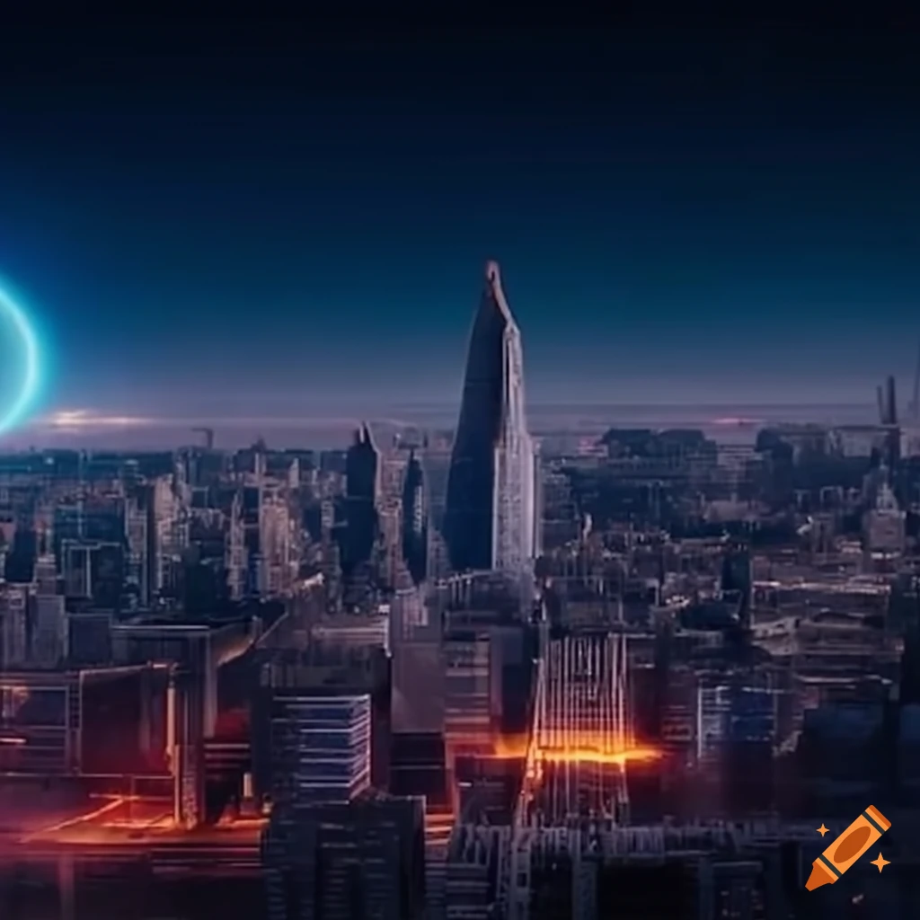 Sci-fi cityscape with industrial buildings and vibrant sunset on Craiyon