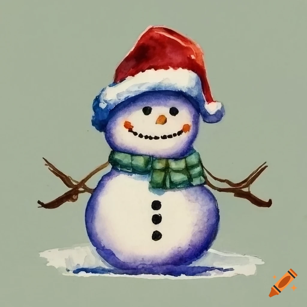 Watercolor smiling snowman with santa hat on Craiyon