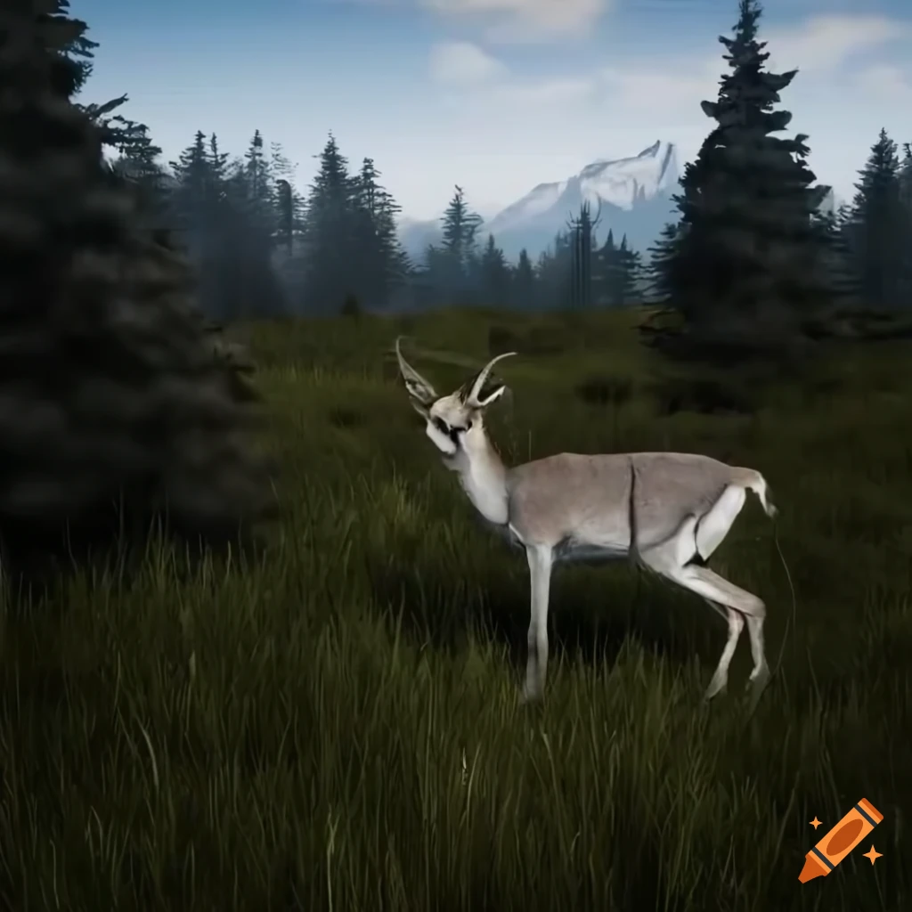 Image of a three-horned Grey-white antelope in a grass field with taiga ...