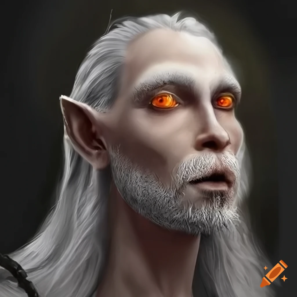 Photo of a gray-skinned elf with long beard and orange eyes on Craiyon