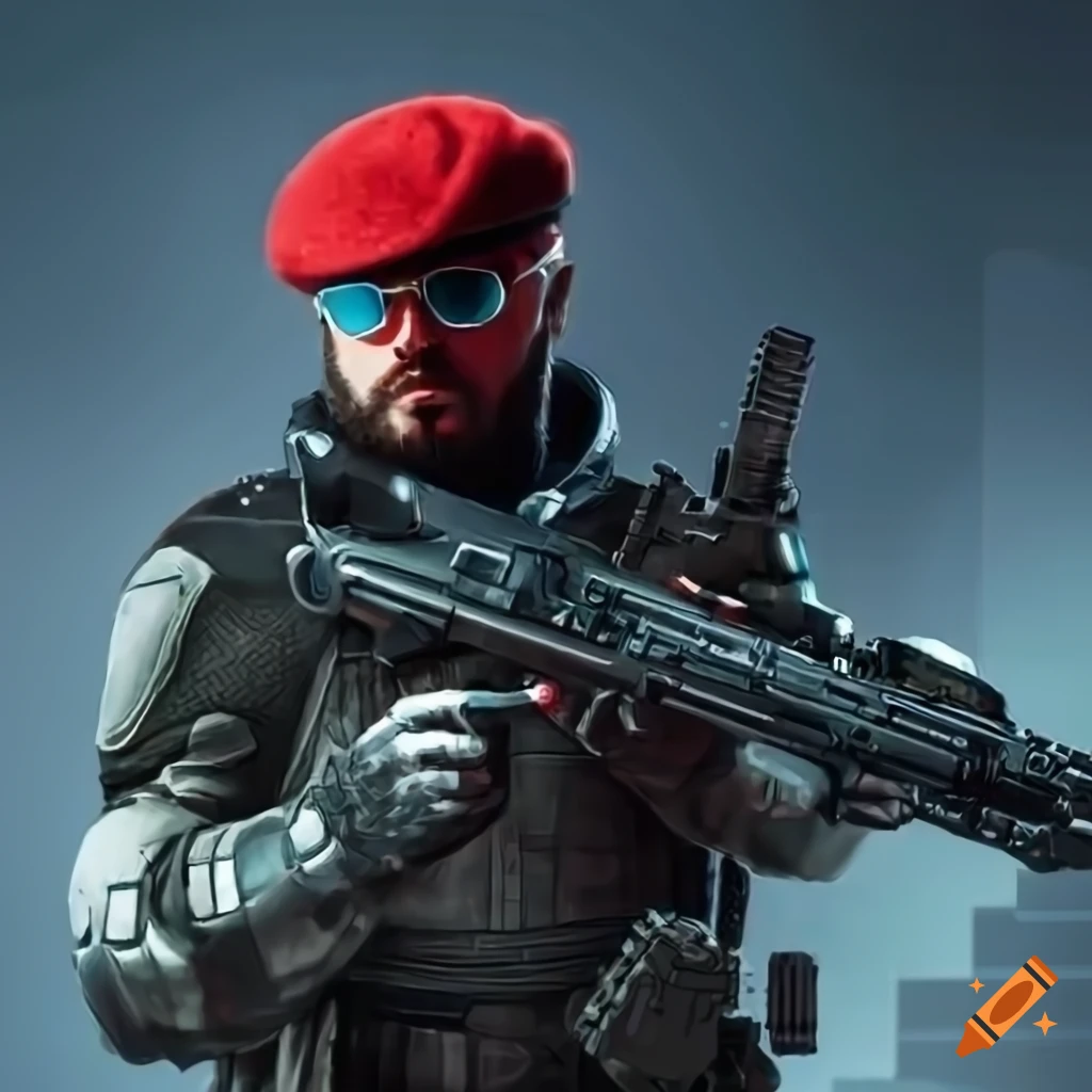 Sci-fi soldier with red armor and laser machine gun on Craiyon