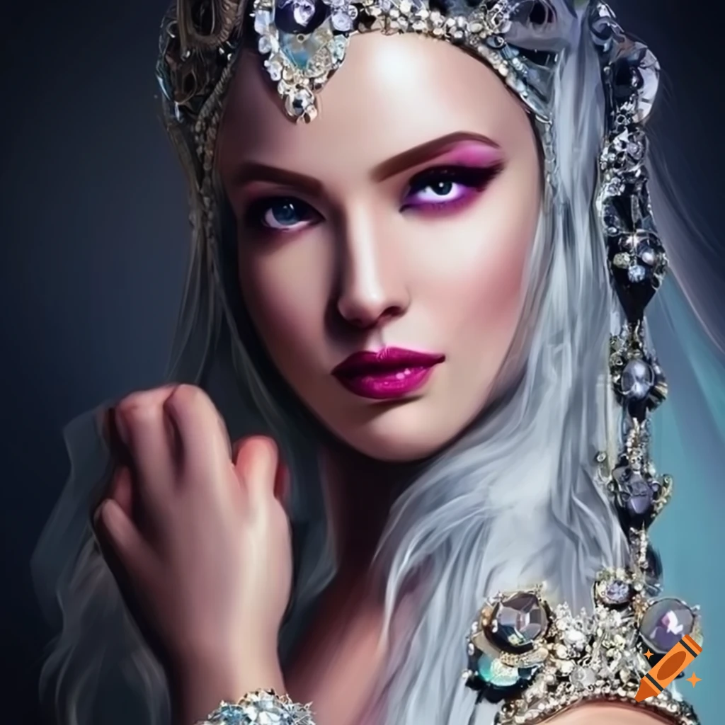 Portrait of a striking lady with silver-white hair on Craiyon