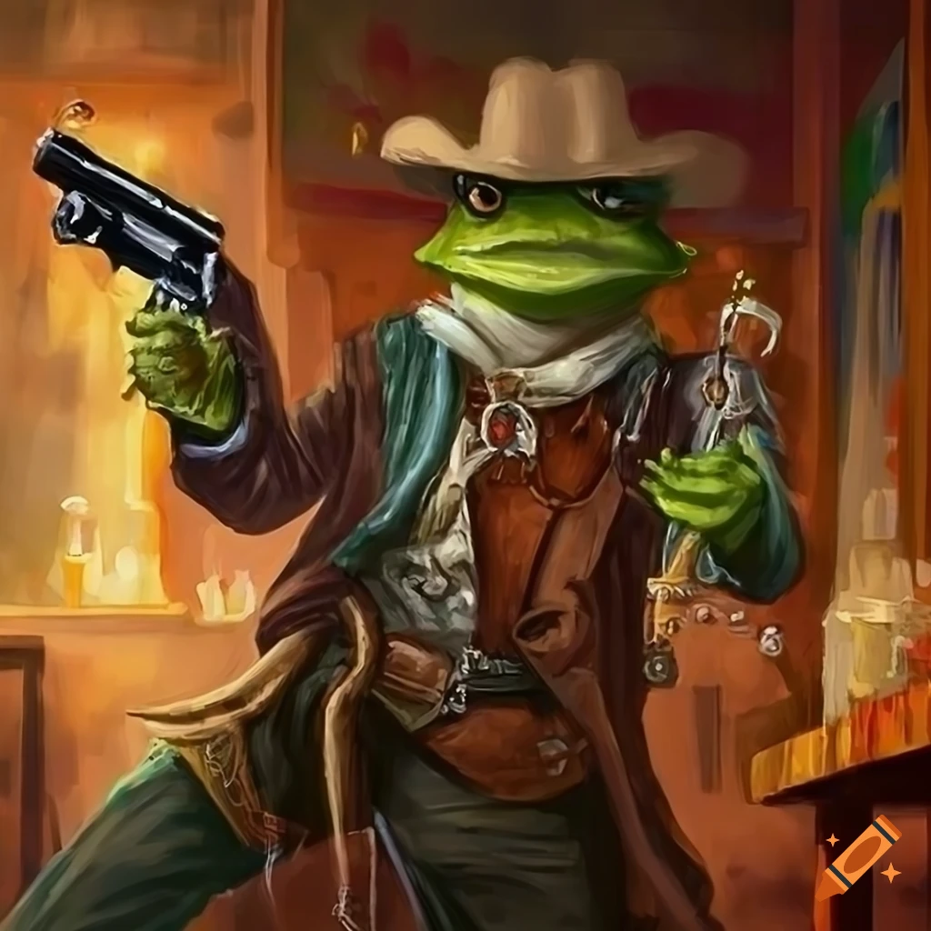 Oil painting of a frog cowboy in a western bar