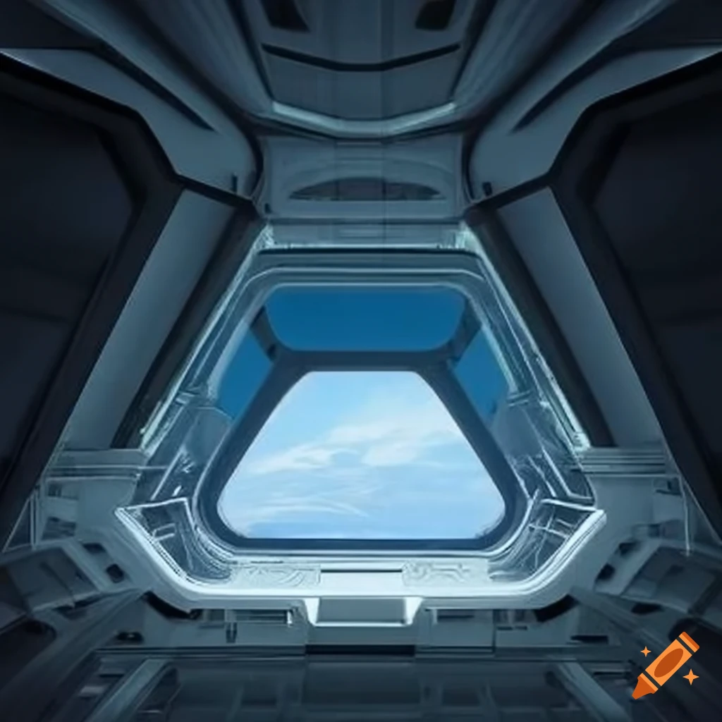 View from high tech window inside a rocket ship looking at the night ...