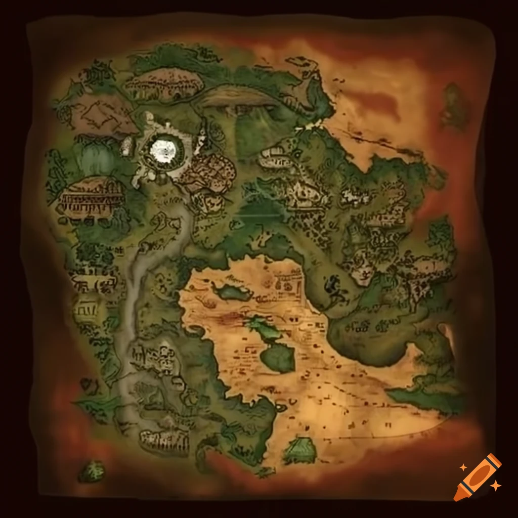 Illustration of a fantasy land map on Craiyon