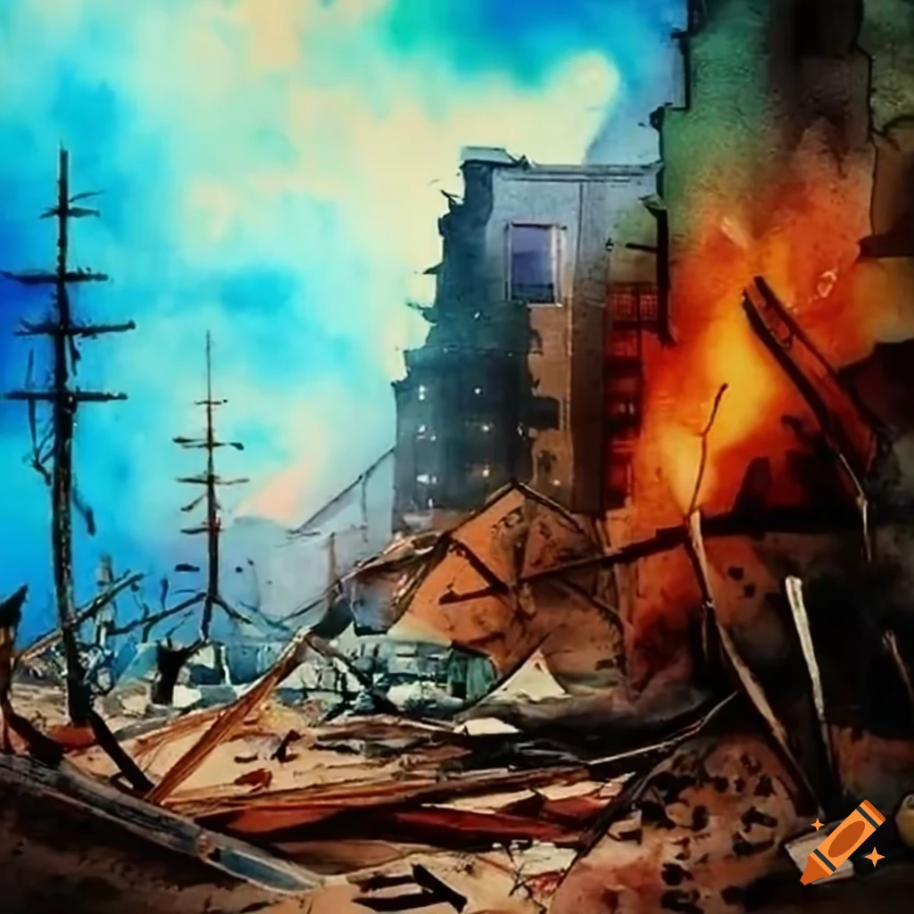 Knife palette painting of a city destroyed by an earthquake on Craiyon