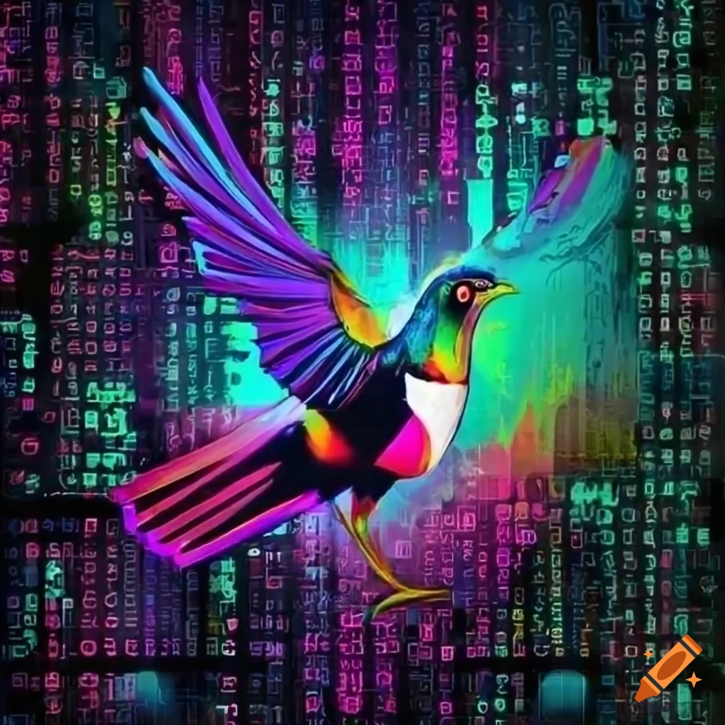 Psychedelic magpie logo with hacker code background on Craiyon