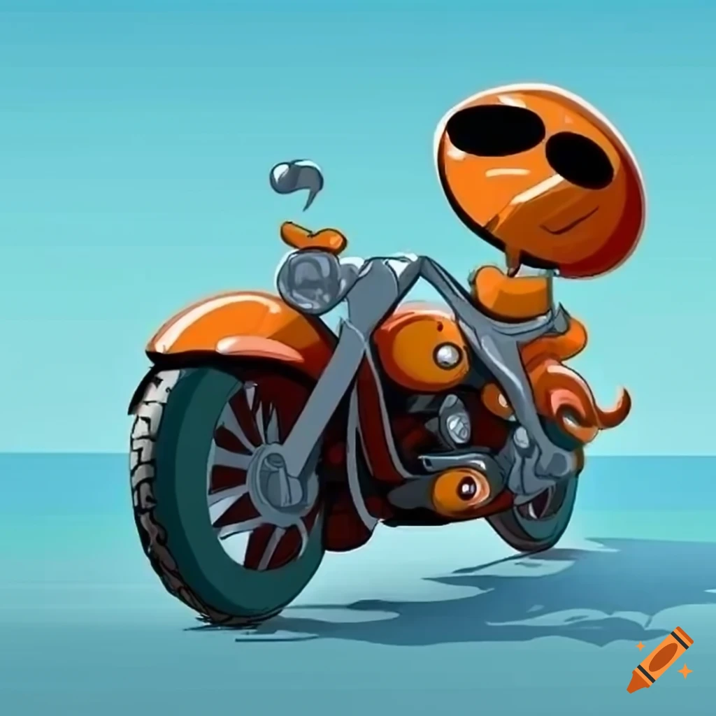 Cartoon orange fruit riding a motorcycle