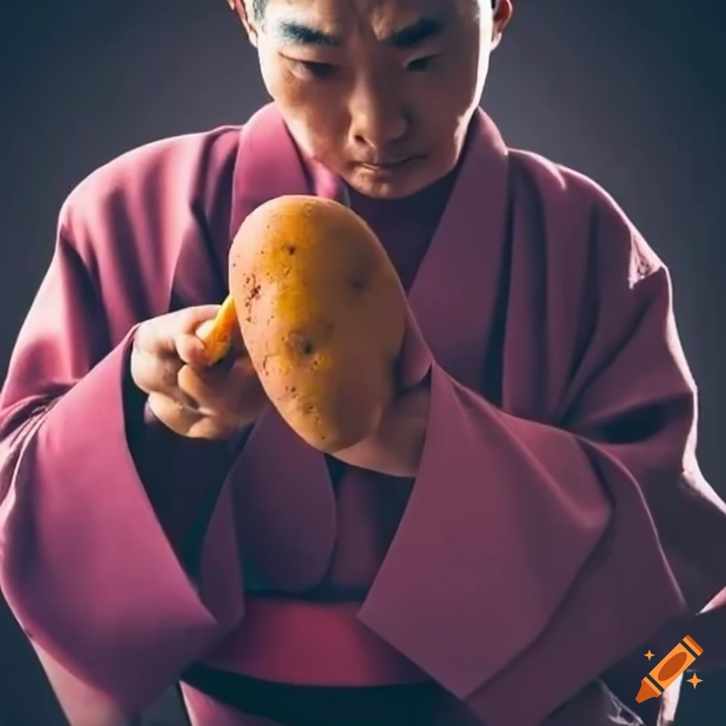 Japanese man in kimono holding a sweet potato on Craiyon