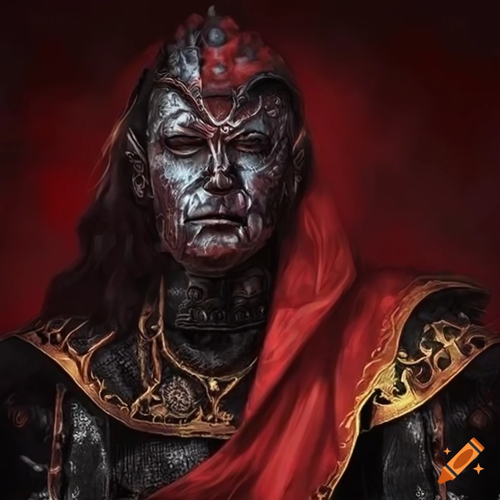 Portrait of an ancient battle-scarred king in red and black robe on Craiyon