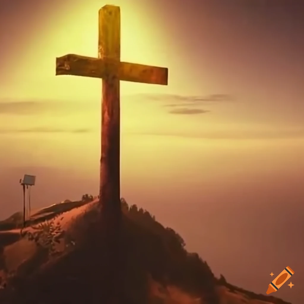 A shining cross on top of a hill at sunset on Craiyon A shining cross on top of a hill at sunset on Craiyon