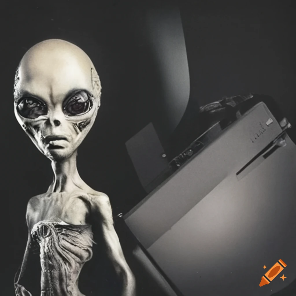 Retro-style photo of an alien and a printer on Craiyon
