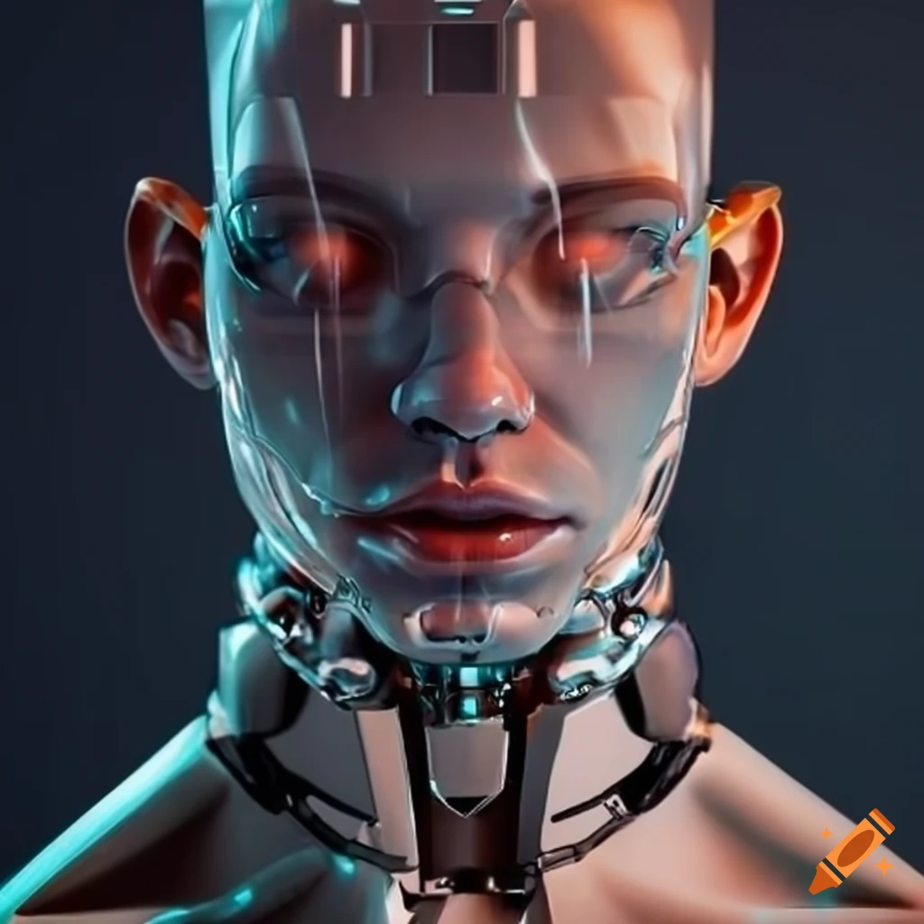 Cyborg artist creating art in an office setting with human artists on ...