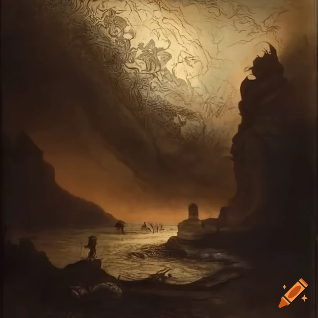 Gustave dore's etching of a man with winged beard on Craiyon