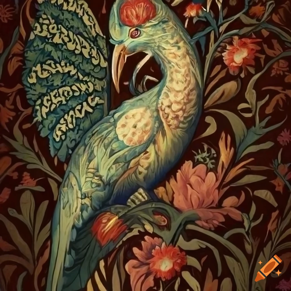 Unique illustration of a Bestiary creature in front of floral wallpaper ...