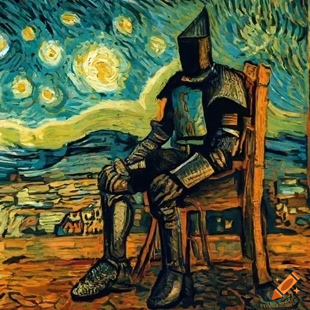 Illustration of a knight sitting in front of a castle on Craiyon