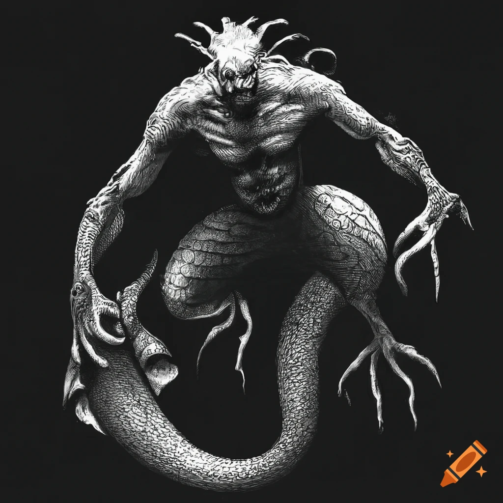 Detailed etching of a lovecraftian merman monster