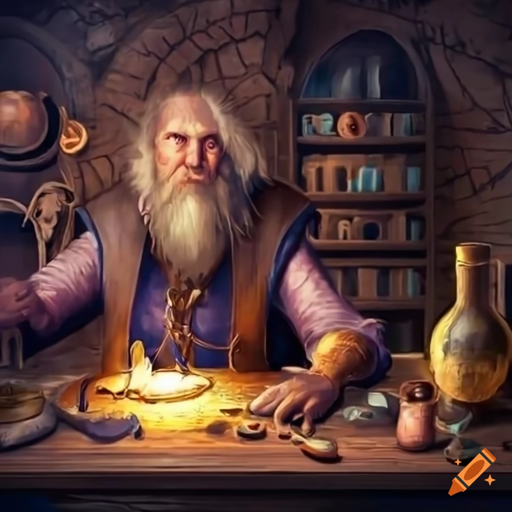 Image of an alchemist in his lab with mysterious artifacts on Craiyon