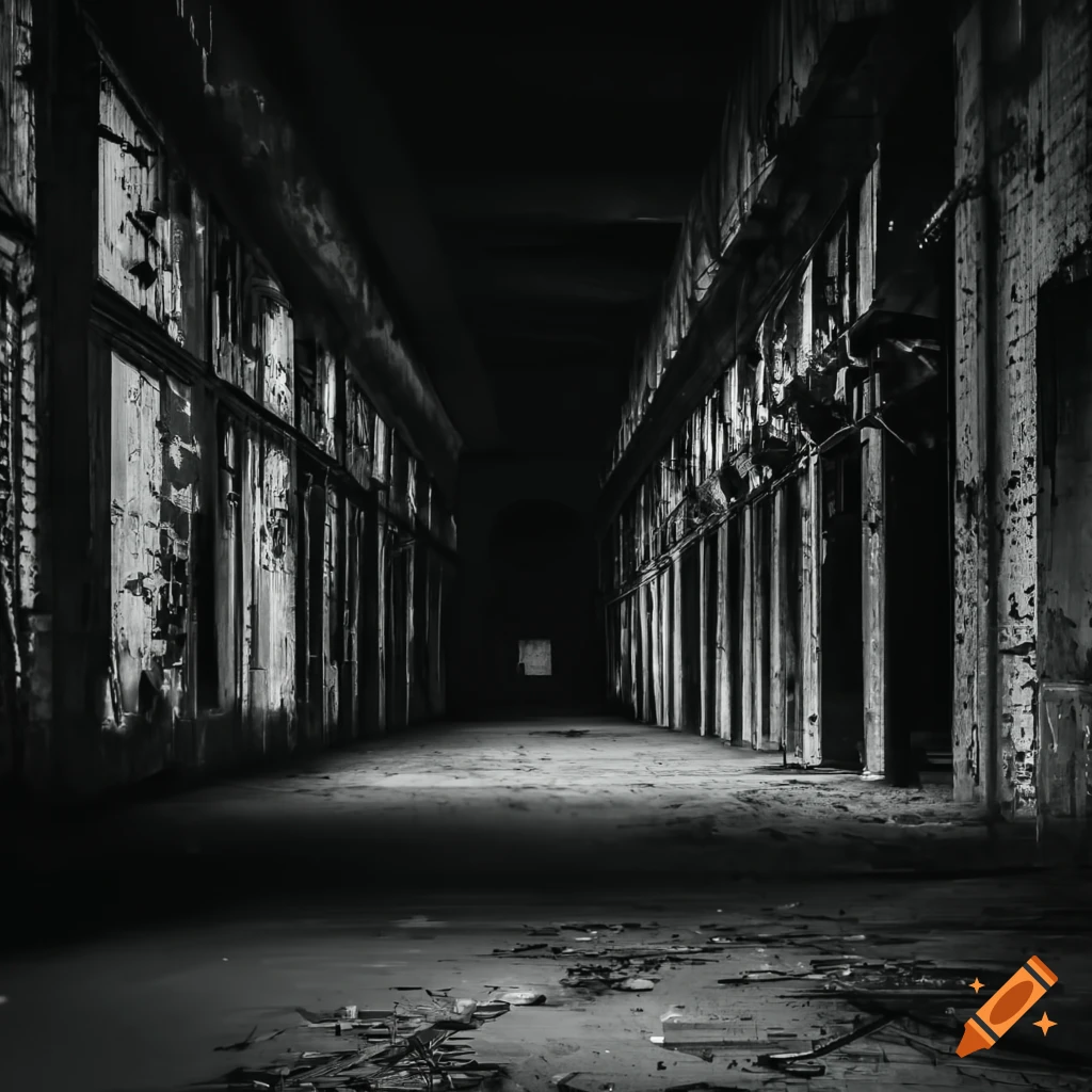 Black and white photo of an empty rave in abandoned warehouse on Craiyon