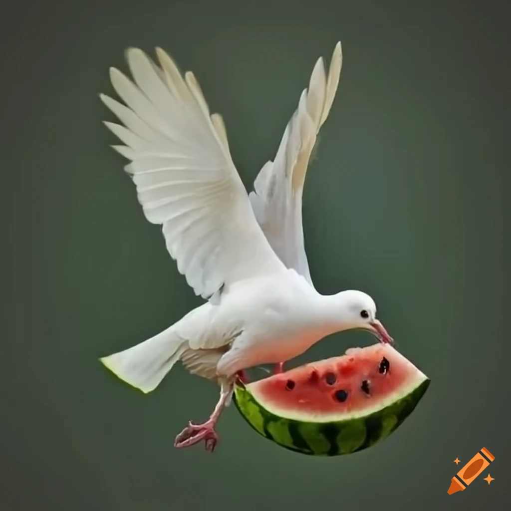 Humorous illustration of a dove carrying a watermelon on Craiyon