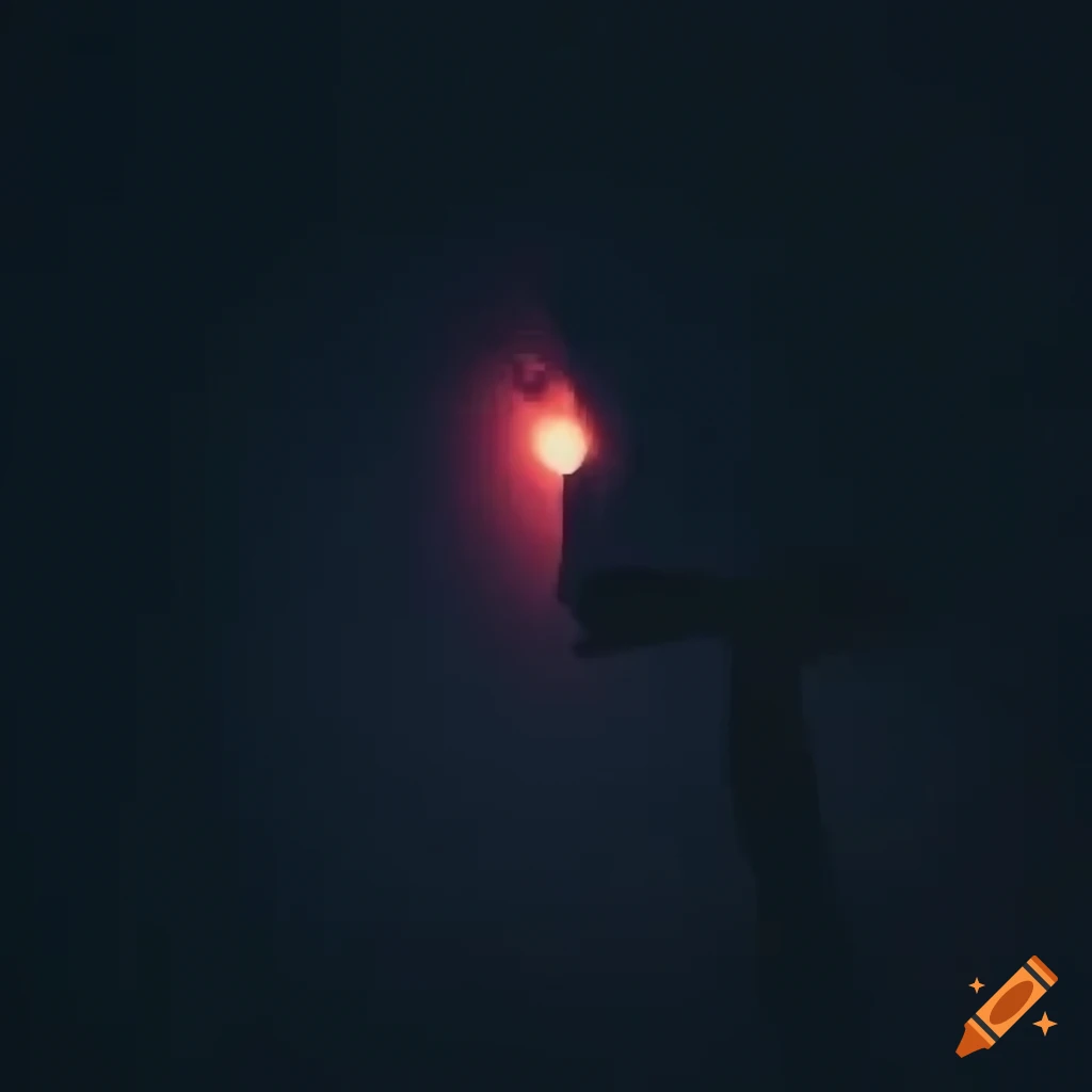 Faceless girl with red smoke and broken crosses under a distorted sky ...