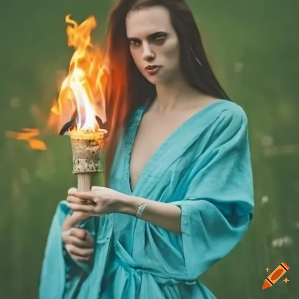 Woman in Tiffany Blue robe holding flaming torch in meadow on Craiyon