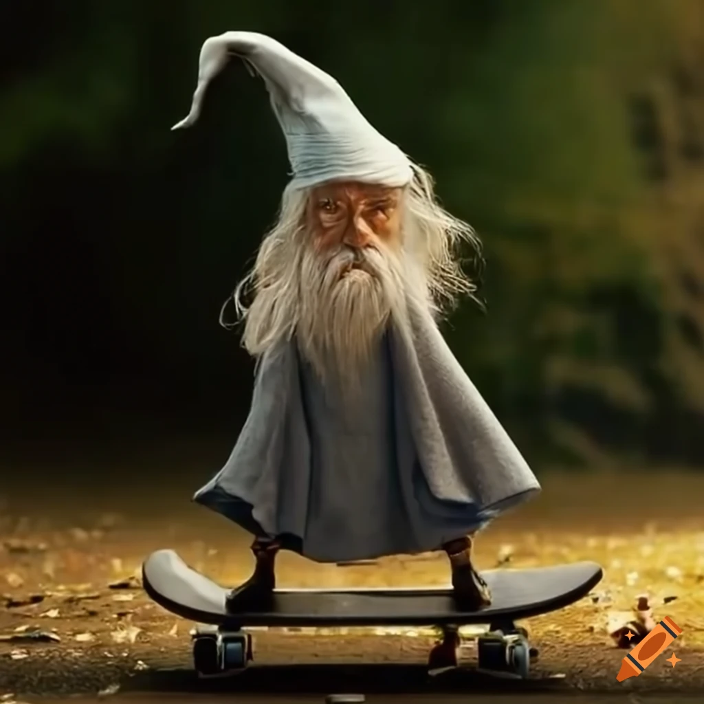 Gandalf riding a fast skateboard on Craiyon