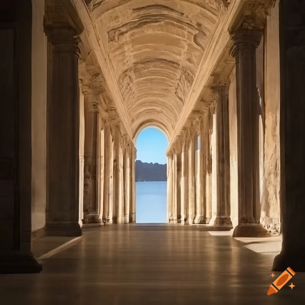 Brightly lit colonnade inside ancient interior with ocean view on Craiyon