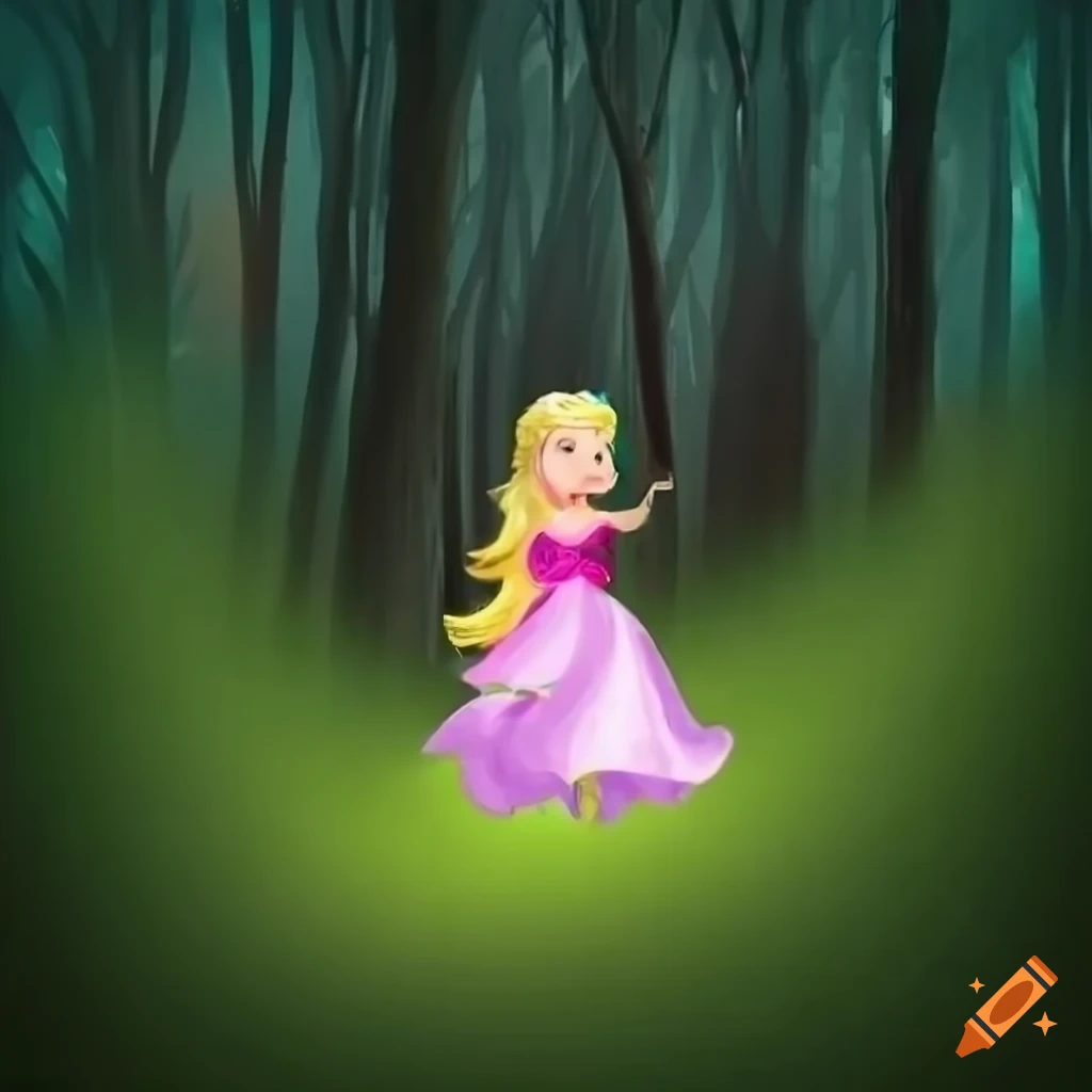 Blonde princess running in a mysterious forest on Craiyon