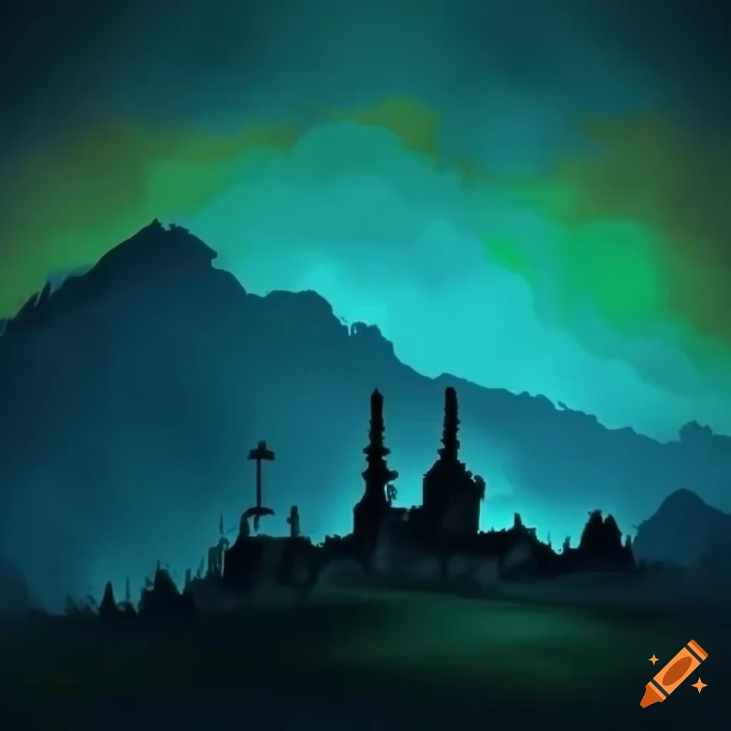 Cool-colored drawing of distant hills and steampunk factories on Craiyon