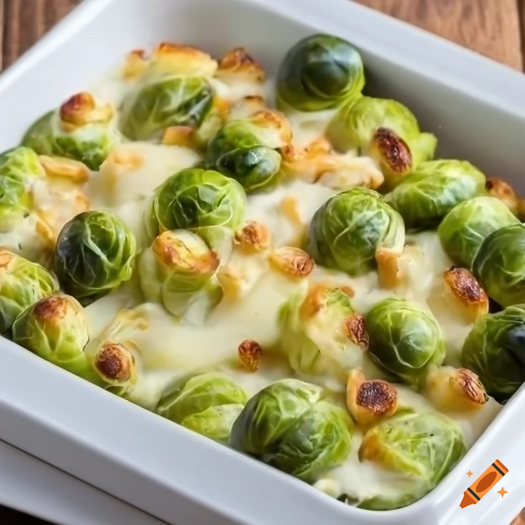 Baked cheese Brussels sprouts in a white baking dish on Craiyon