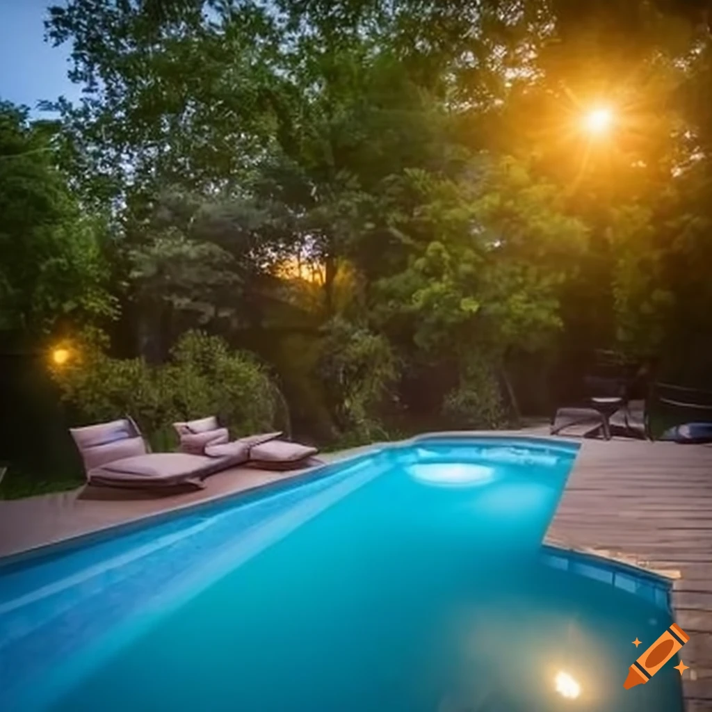 Outdoor dining set by a pool with a barbecue on Craiyon
