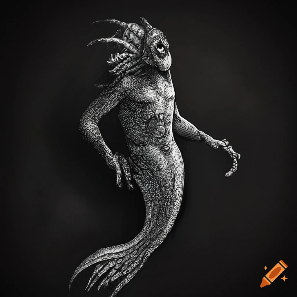 Detailed etching of a lovecraftian merman monster on Craiyon