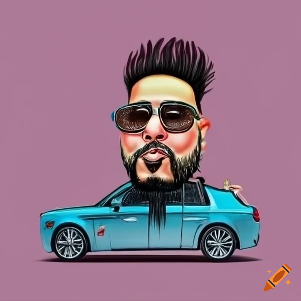 Colorful caricature of Badshah with a Rolls Royce on Craiyon