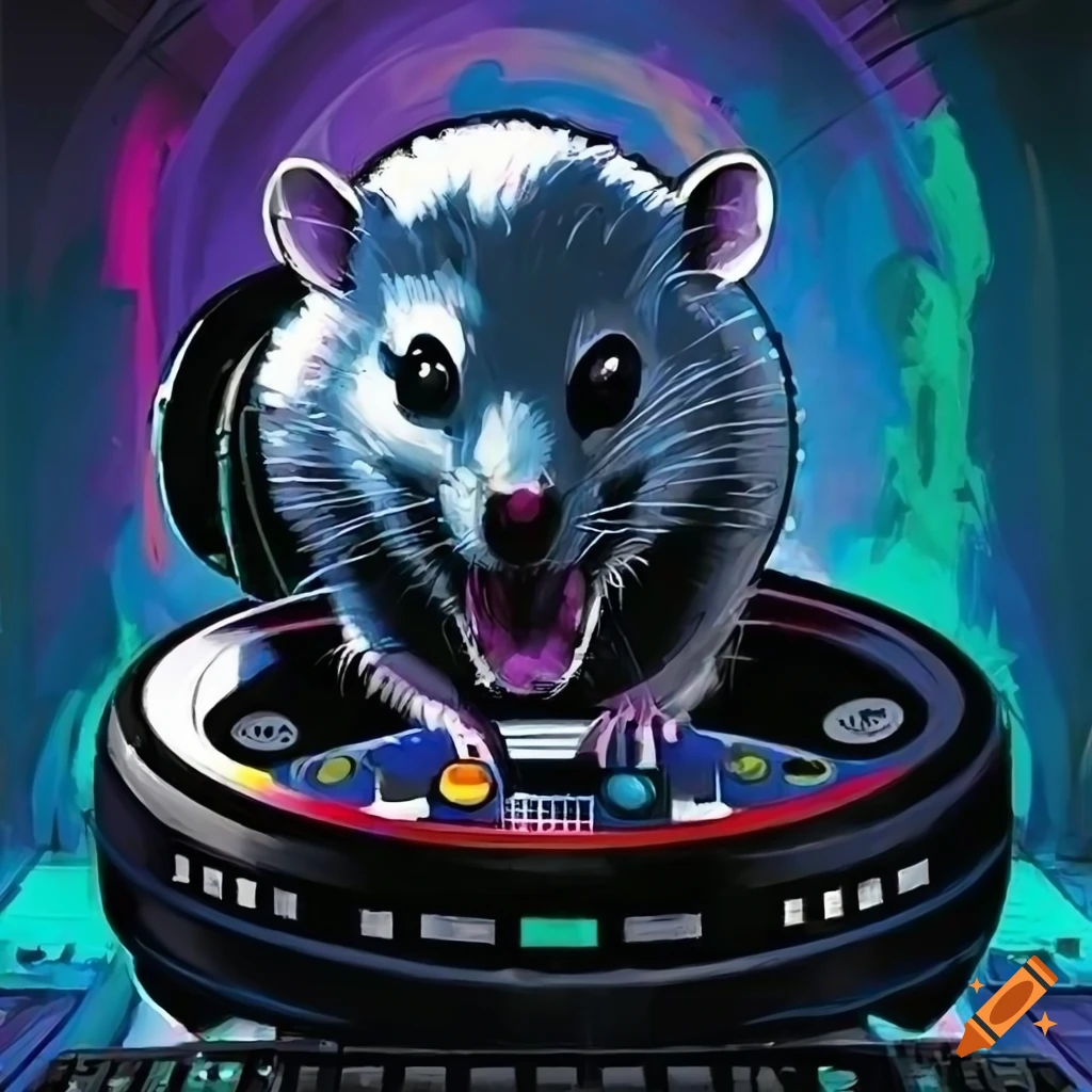 Illustration of a rat dj in simon bisley art style on Craiyon
