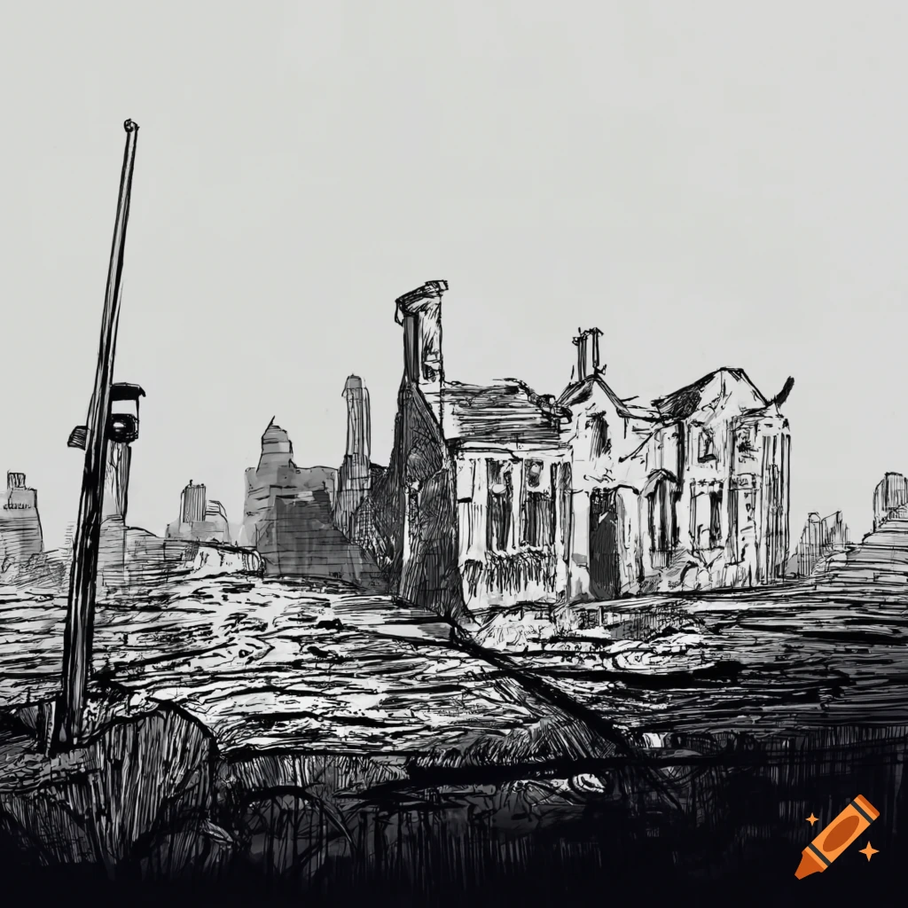 Sketch of a burnt victorian estate with workers on Craiyon