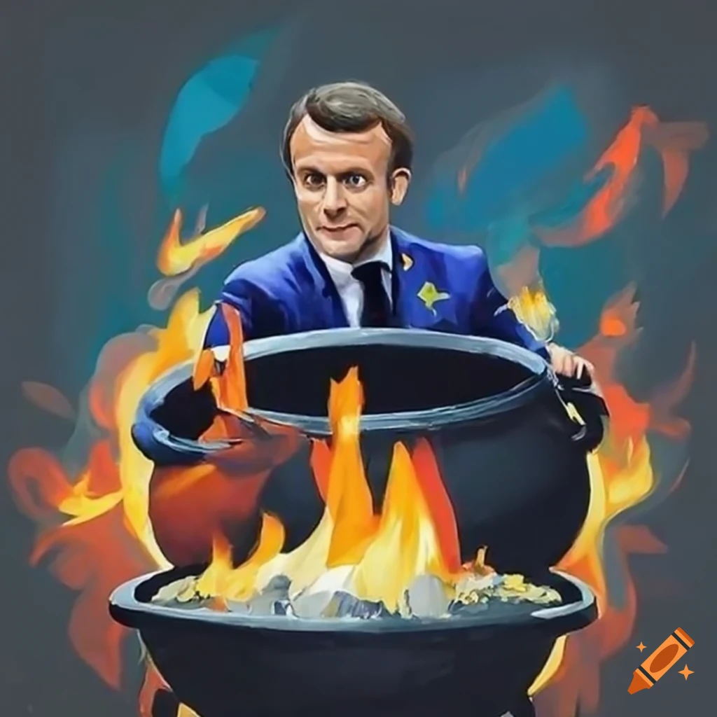 Oil painting of emmanuel macron in a cauldron