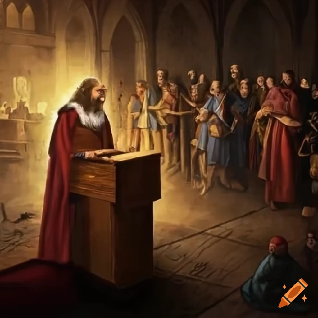 Charismatic leader addressing a massive crowd in a medieval setting on ...