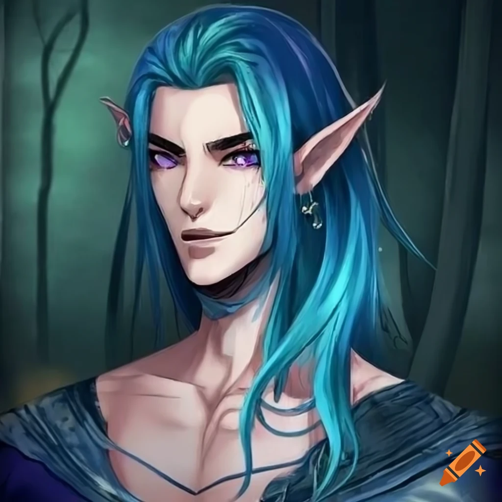 Image of a male elf with copper skin and purple eyes on Craiyon