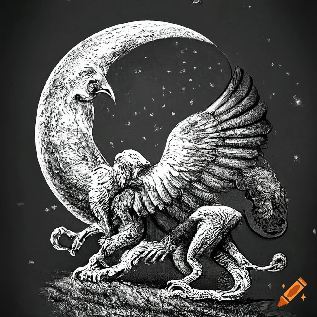 Detailed etching of a griffin under crescent moons on Craiyon