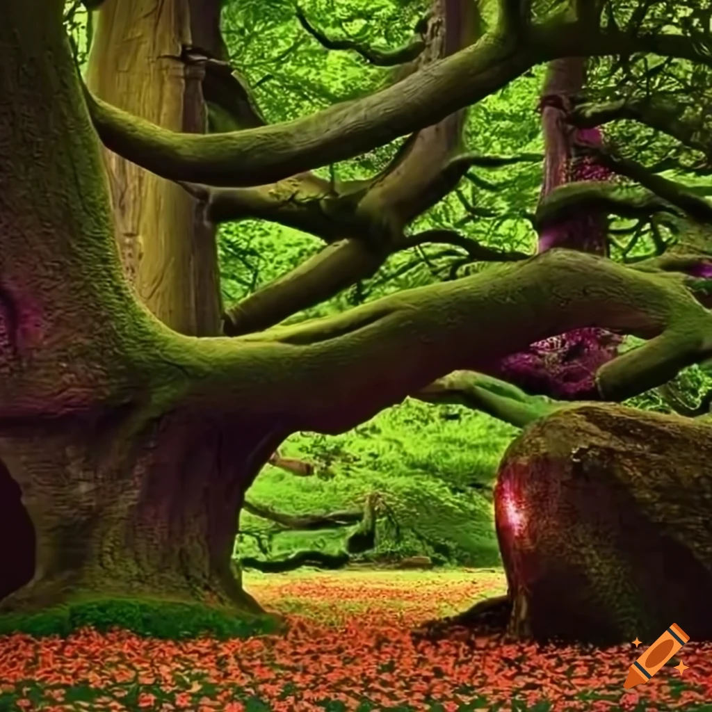 Photo of enchanted forest with oak and beech trees on Craiyon