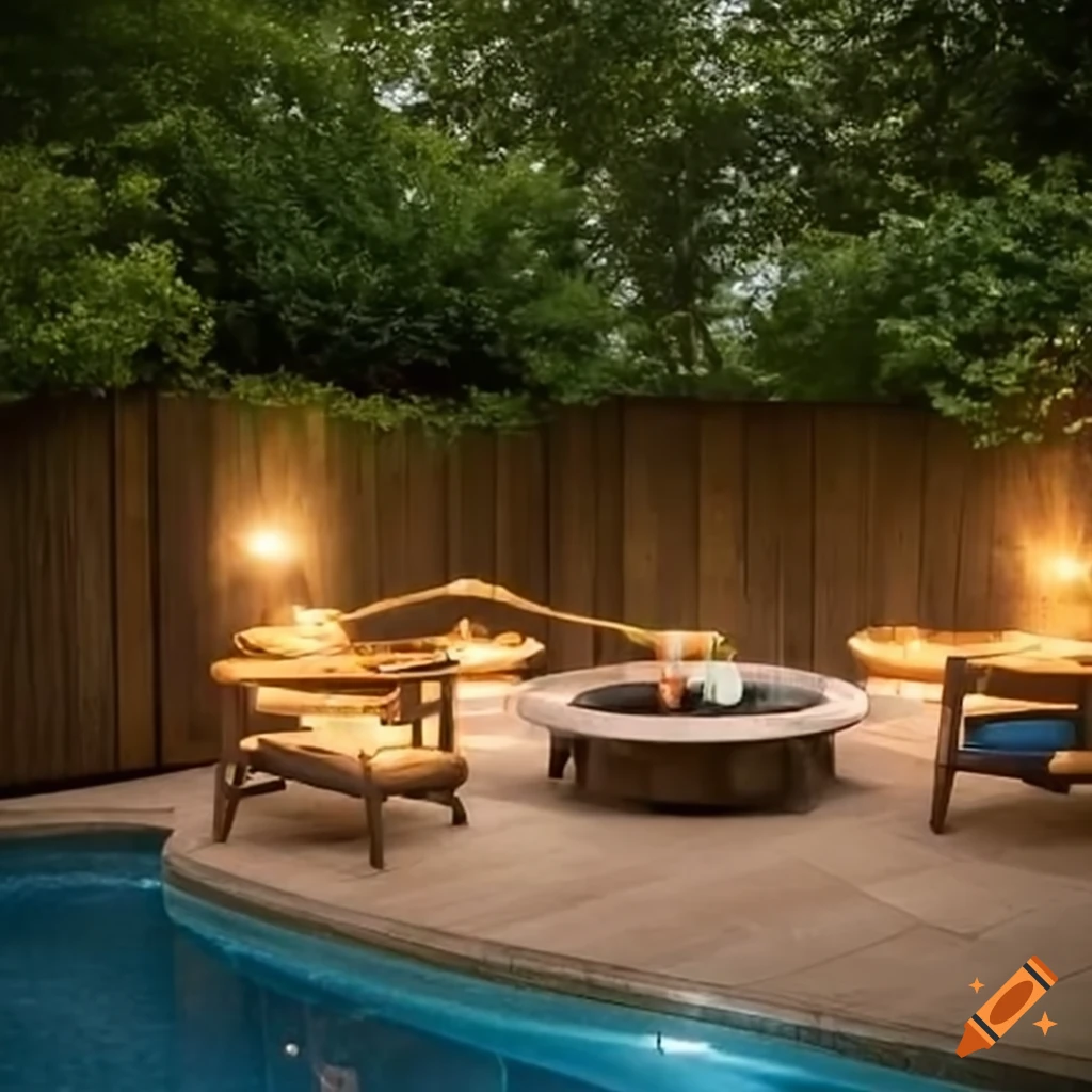 Outdoor dining set next to a backyard pool with barbecue on Craiyon