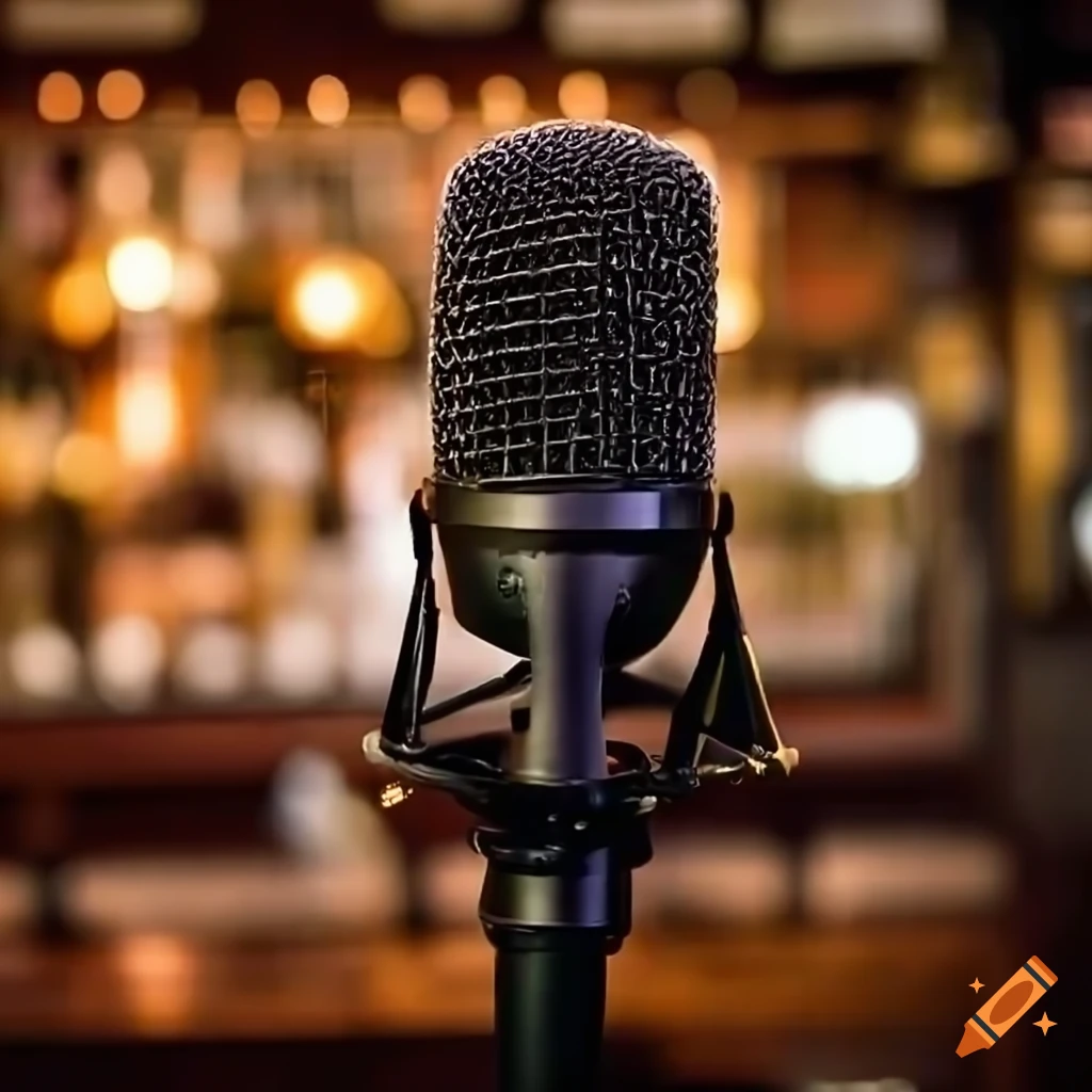 Podcast microphone in a cozy pub setting on Craiyon