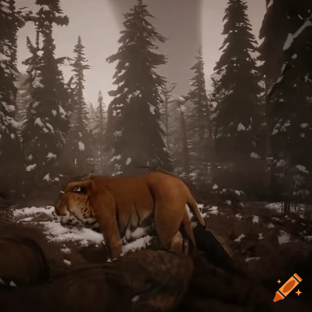 Portrait of a brown liger in a snowy forest