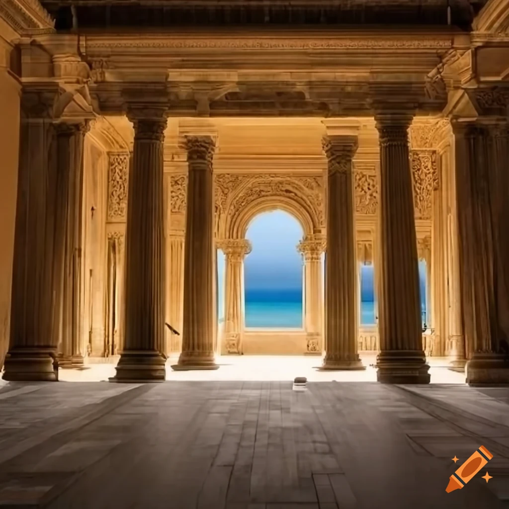 Brightly lit colonnade in an ancient interior with distant ocean on Craiyon
