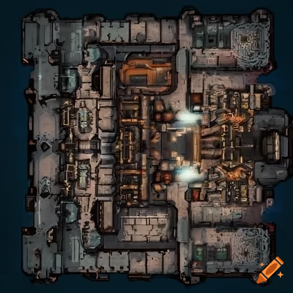 Top-down view of a detailed spaceship engine-room on Craiyon