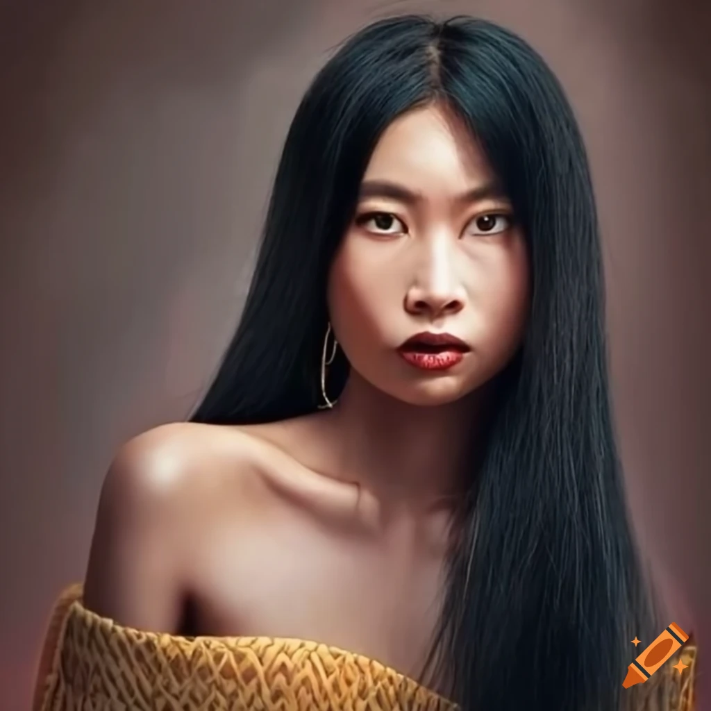 Portrait of a strong asian woman with long black hair